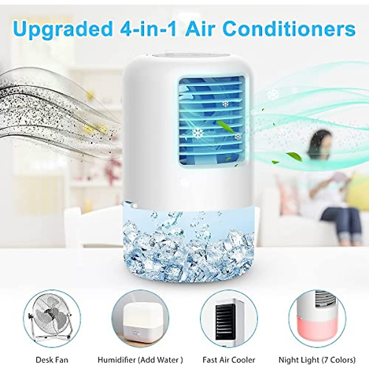 Qinmay Portable Air Conditioner Touch Screen with 7 Colors Night Light, 16.90oz (500ml) Water Tank Capacity, Personal Space Timed Air Cooler Humidifier Misting Fan for Office Room, White