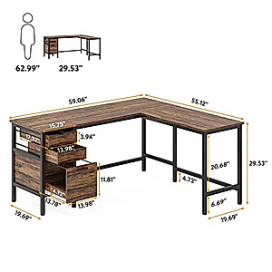 Tribesigns L Shaped Desk with File Drawer Cabinet, 59 Inch Corner Desk L Shaped Computer Desk with Drawers, PC Table Writing Desk for Home Office, Rustic Brown