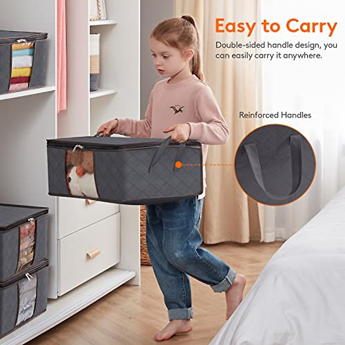 Lifewit 4-Pack Clothes Storage Bag, Foldable Storage Bins Closet Organizer with Reinforced Handle, Storage Containers With Sturdy Fabric Clear Window for Towel, Sweater, T-shirts, Gray