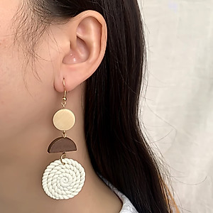 Harlermoon Polymer Clay Rattan Flower Earring Handmade Woven Statement Boho Lightweight Drop Dangle Earrings Jewelry for Women (White 1)