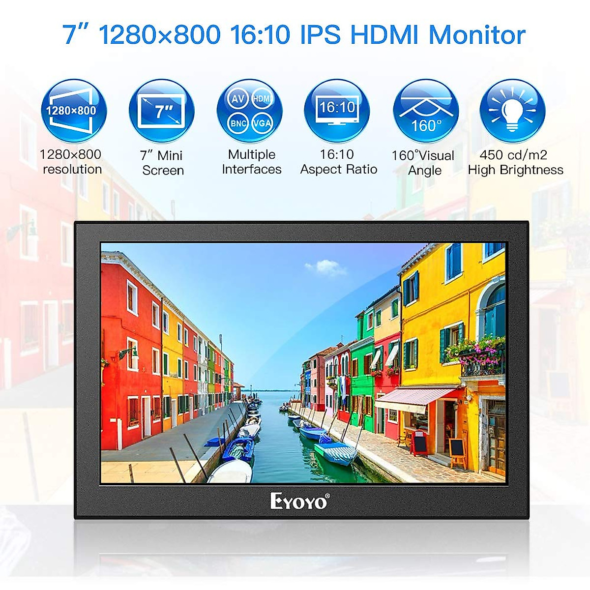 Eyoyo 7 Inch Small Monitor, Mini Hdmi Monitor IPS Display Screen Support HDMI VGA AV BNC Inputs, Secondary Monitor for PC/Computer/Raspi/Laptop/Security Camera/CCTV/PS4