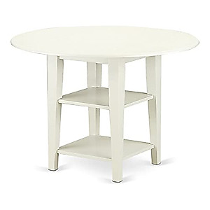 East West Furniture SUT-LWH-T Sudbury Modern Dining Table - a Round Kitchen Table Top with Dropleaf & 2 shelves, 42x42 Inch, Linen White