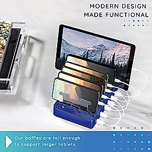 Hercules Tuff Charging Station for Multiple Devices - 6 Ports - (4) iOS Compatible, (1) USB-C & (1) Micro USB Cable for Cell Phones, Smart Phones, Tablets, and Electronics, Blue