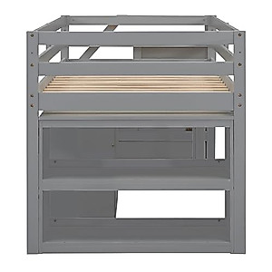 VilroCaz Twin Size Low Loft Bed with Retractable Writing Desk and 3 Drawers, Wooden Loft Bed Frame with Storage Stairs and Shelves for Kids Teens Boys Girls, Sturdy Slats Support (Grey-SRT)