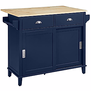 Crosley Furniture Cora Drop Leaf Kitchen Island Microwave Stand, Coffee Bar with Storage Drawers and Shelves, Navy