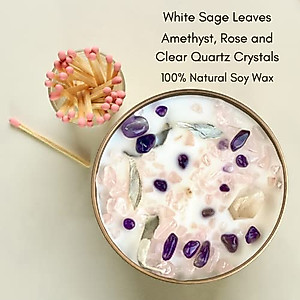 White Sage Smudge Candle with Rose Quartz and Amethyst Gemstone Crystals 100% Natural Soy Essential Oils (Lavender)