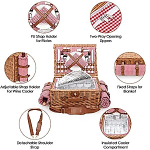 Picnic Basket for 4, Insulated Willow Picnic Baskets with Shoulder Strap, Picnic Hamper with Waterproof Picnic Blanket, Handmade Wicker Hamper for Outdoor, Great Gifts for Thanksgiving, Christmas