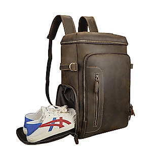 Lannsyne Vintage Full Grain Genuine Leather Backpack 18" Laptop Bag with Shoe Compartment Casual Travel Daypack Brown