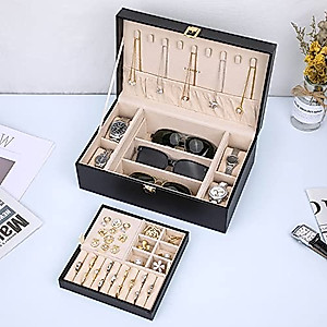 LANDICI Jewelry Box Organizer for Women Girls, Large 2 Layer Men Watch Case with Removable Tray, PU Leather Jewellery Storage Holder Display for Watches Sunglasses Rings Earrings Necklace, Black