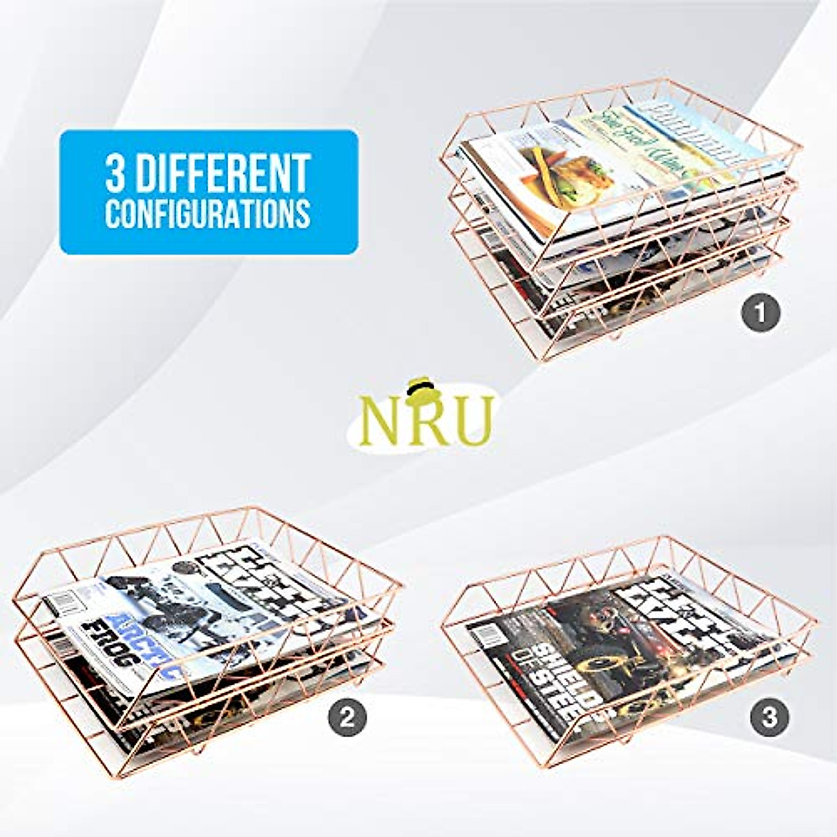 3 NRU, 3 Tier Organizer, File Tray, Rose Gold, Metal Letter, Tray File Organizer
