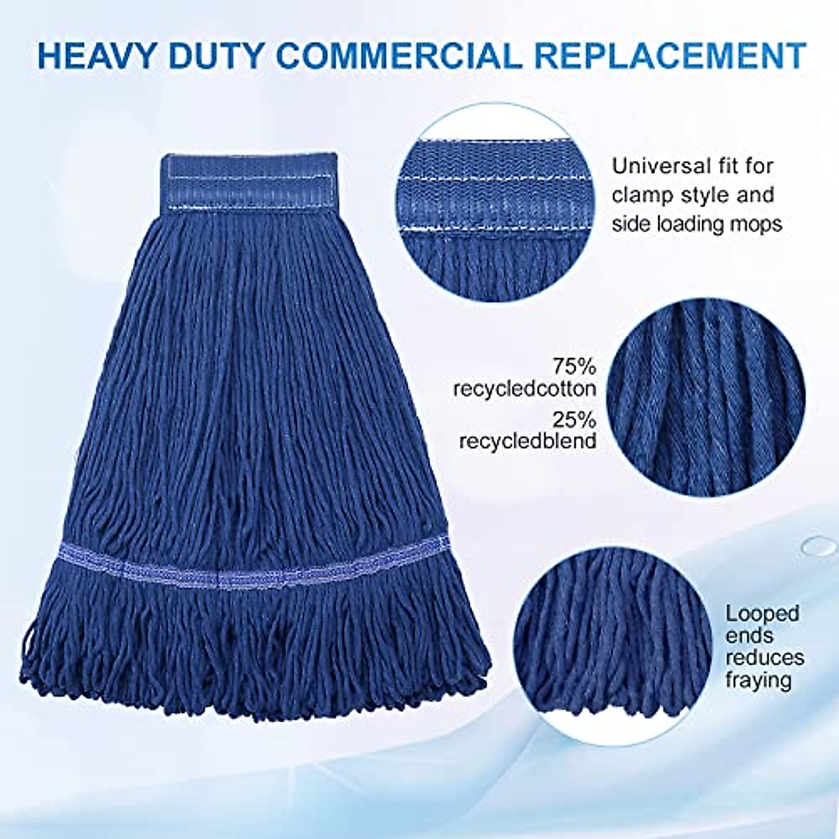 3 Pack,String Cotton mop Heads, Rope mop Heads, Heavy Duty Commercial mop Heads, Wet Industrial Blue Cotton Ring end Replacement mop Heads, Industrial mop Heads, Machine Washable (Blue)