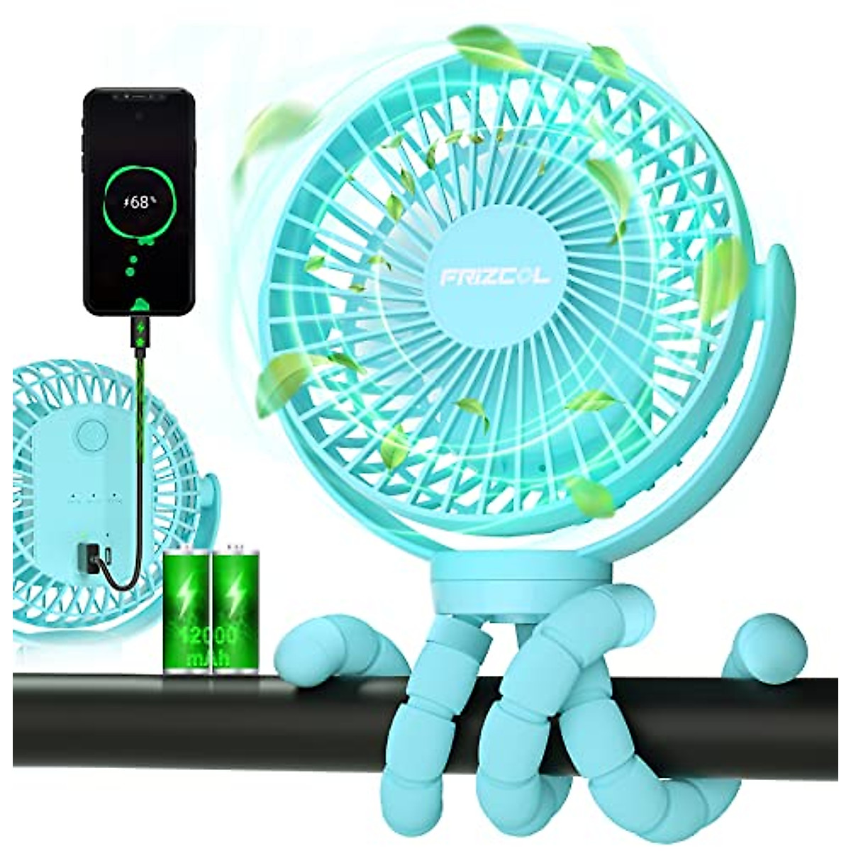 Portable Stroller Fan, Use As Power Bank, 65H 12000mAh Battery Operated Fan Flexible Tripod Baby Car Seat Fan, Personal Mini Handheld/Desk/Small Clip On Fans For Stroller, Carseat, Beach, Bed, Camping