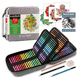 KALOUR 132 Colored Pencils Set,with Adult Coloring Book and Sketch Book,Artists Colorless Blender,Zipper Travel Case,Soft Core,Ideal for Drawing Sketching Shading,Art Supplies for Beginners Kids