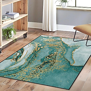 Bribay Area Rug, Washable and Non-Slip 3'x5' Navy Blue Ocean Green Gold Marble Sea Living Room Rug, Indoor Entryway Door Mat, Floor Mat Carpet for Bedroom, Kitchen Laundry, Bathroom