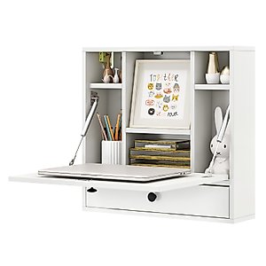IFANNY Folding Wall Desk, Wood Wall Mounted Desk with Storage Drawer and Shelves, Fold Down Wall Mount Laptop Desk, Corner Floating Desk for Small Spaces (White)