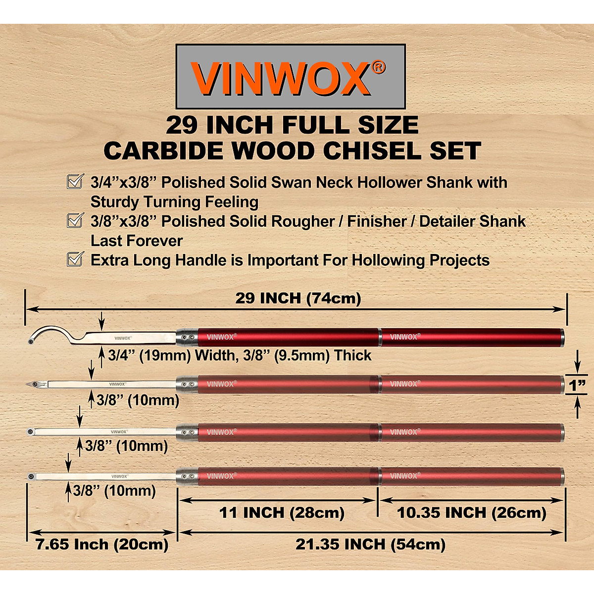 VINWOX 8 PCS Carbide Wood Lathe Turning Tool Set, Carbide Lathe Turning Tool, Including Swan Neck Hollower, Rougher, Finisher, Detailer, Pen Turning tools, Aluminum Alloy Handles from 14" to 29"