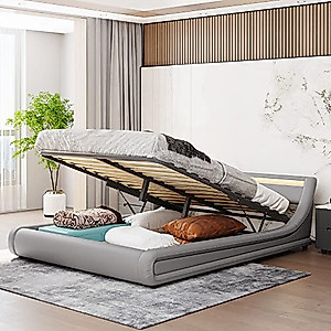 MACHOME Queen Size Faux Leather Upholstered Platform Bed with Hydraulic Storage System, with LED Light Upholstered Headboard, Bedframe w/Wood Slat Support, for Bedroom, Kids Room, Guest Room, Gray