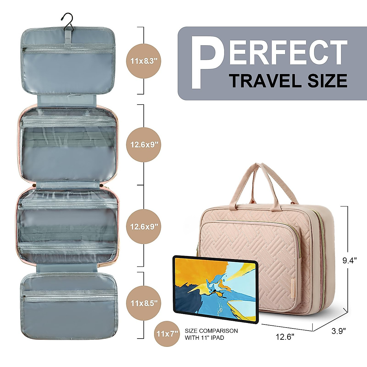 WOOMADA Toiletry Bag with Hanging Hook, Travel Toiletry Bag, Large Travel Makeup Bag Cosmetic Organizer for Brushes Set, Shampoo, Full Sized Container for Women(Black2)