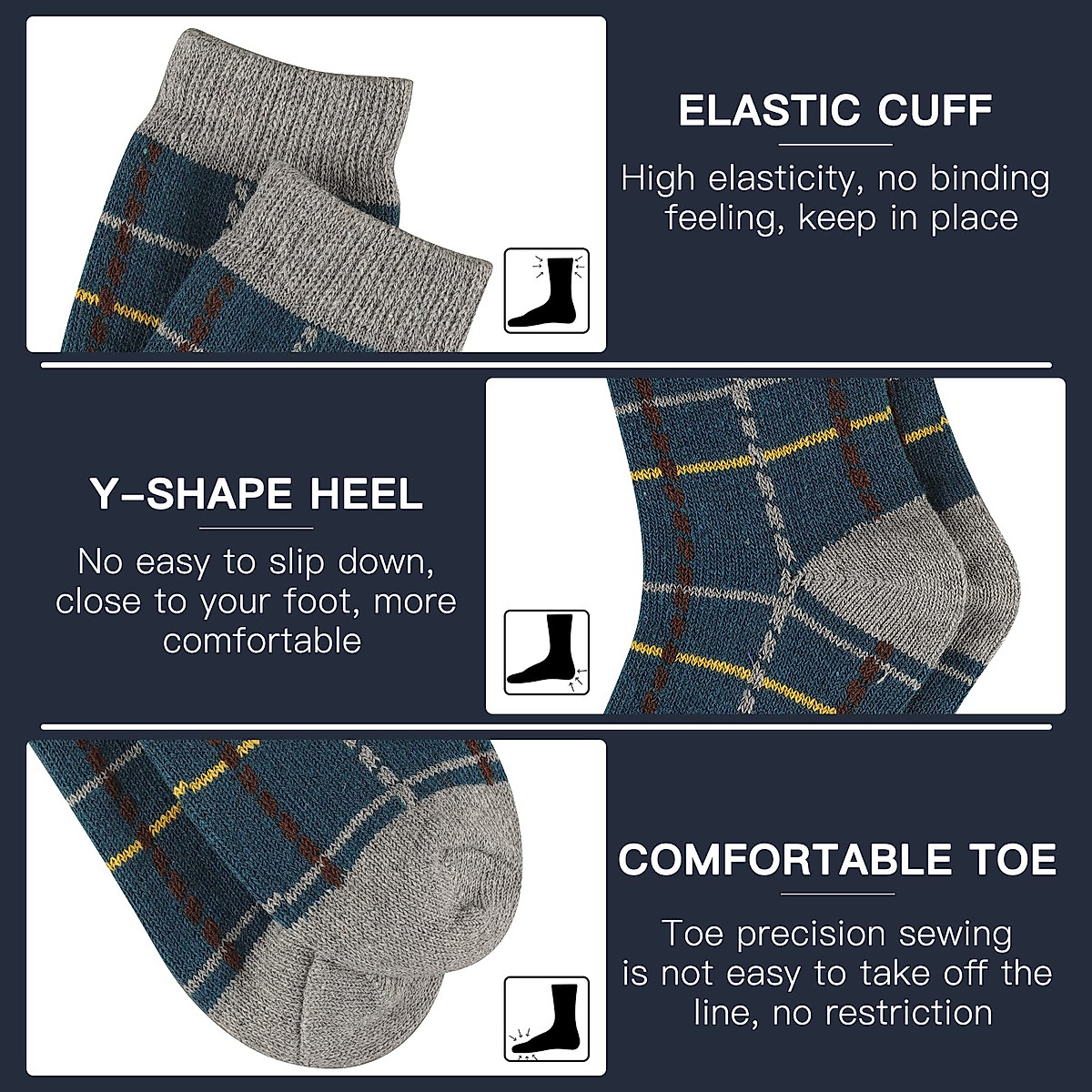 Heatuff Mens Warm Wool Socks Thermal Winter Thick Crew Pattern Socks Cold Weather 5 Pairs