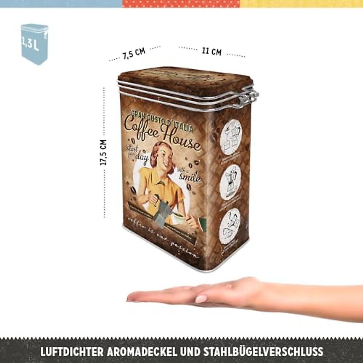 Nostalgic-Art Retro coffee tin box, 44 oz, Coffee House – Gift idea for coffee fans, metal clip top can, vintage design