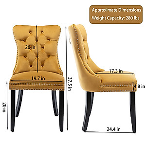 Rhomtree Set of 4 Velvet Fabric Dining Chairs Luxury Tufted Back with Nailed Trim and Back Ring Pull Home Kitchen Dining Room Chairs Armless Side Chairs Solid Rubber Wood Legs (Gold)