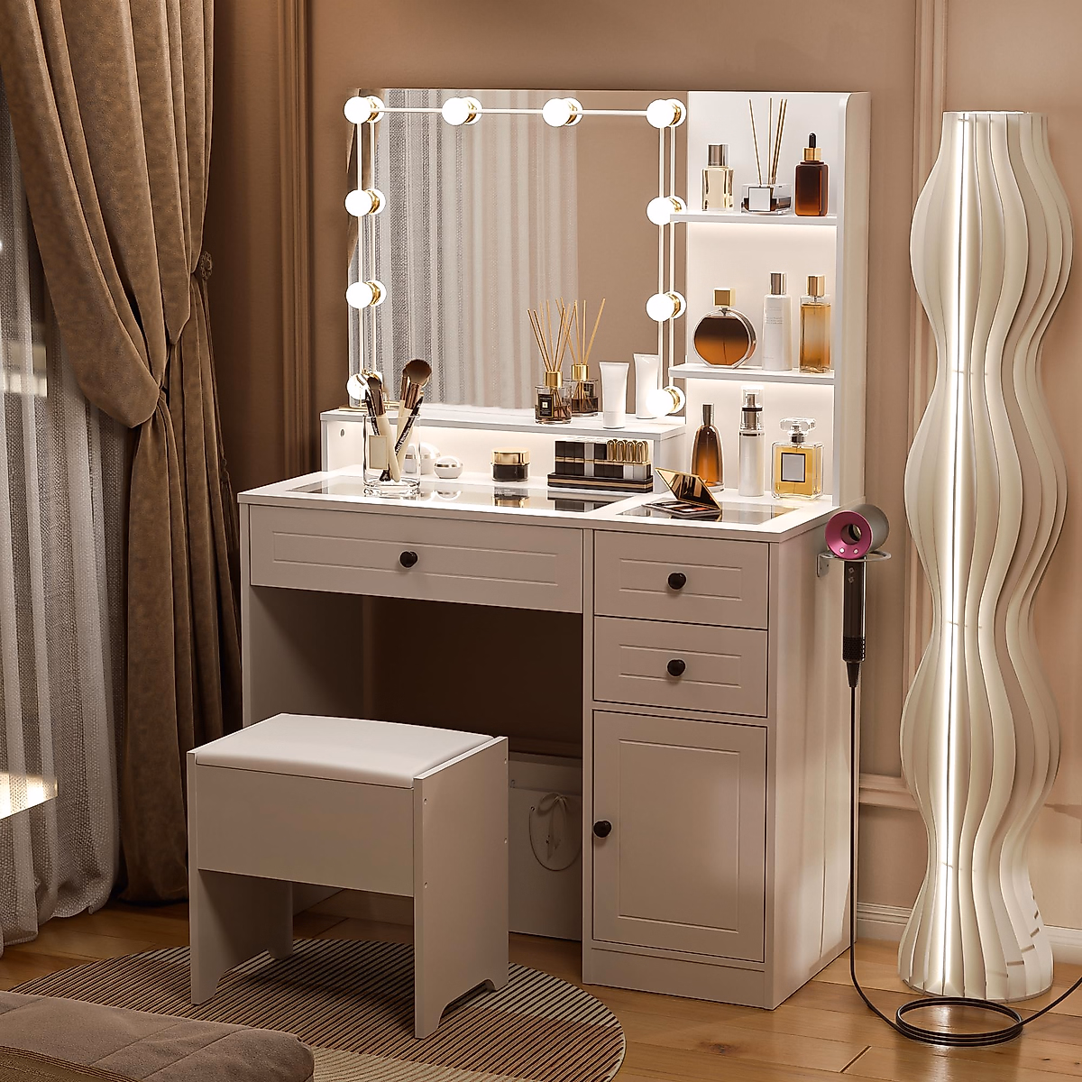 Spurgehom Makeup Vanity Desk with Mirror and Lights White Vanity Set with Drawers and Stool 37" Glass Top Dressing Table Shelves and Storage Cabinet 3 Lighting Modes Brightness Adjustable for Bedroom