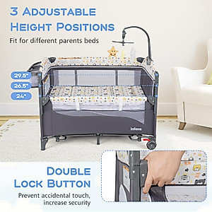 INFANS Pack and Play, 5 in 1 Baby Bedside Sleeper with Bassinet, Diaper Changer, Mattress, Carry Bag, Music Box Hanging Toys, Foldable Bedside Crib, Portable Playard for Newborn Toddlers (Bear)