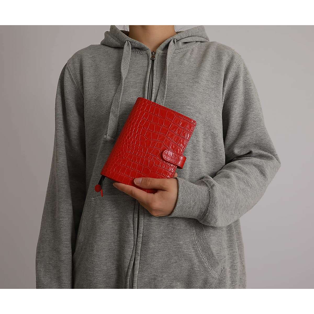 Genuine Leather a6 Planner Cover with Pen Loop Card Slots Zipper Pockets, Personal Organizer Cover, Compatible with Most A6 size Planners notebooks (Crocodile-Red)