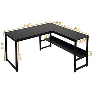 NSdirect L-Shaped Desk,Corner Computer Desk for Home Office Black Large L Desk for Gaming Big Table with Bookshelf,Space-Saving Workstation,Black