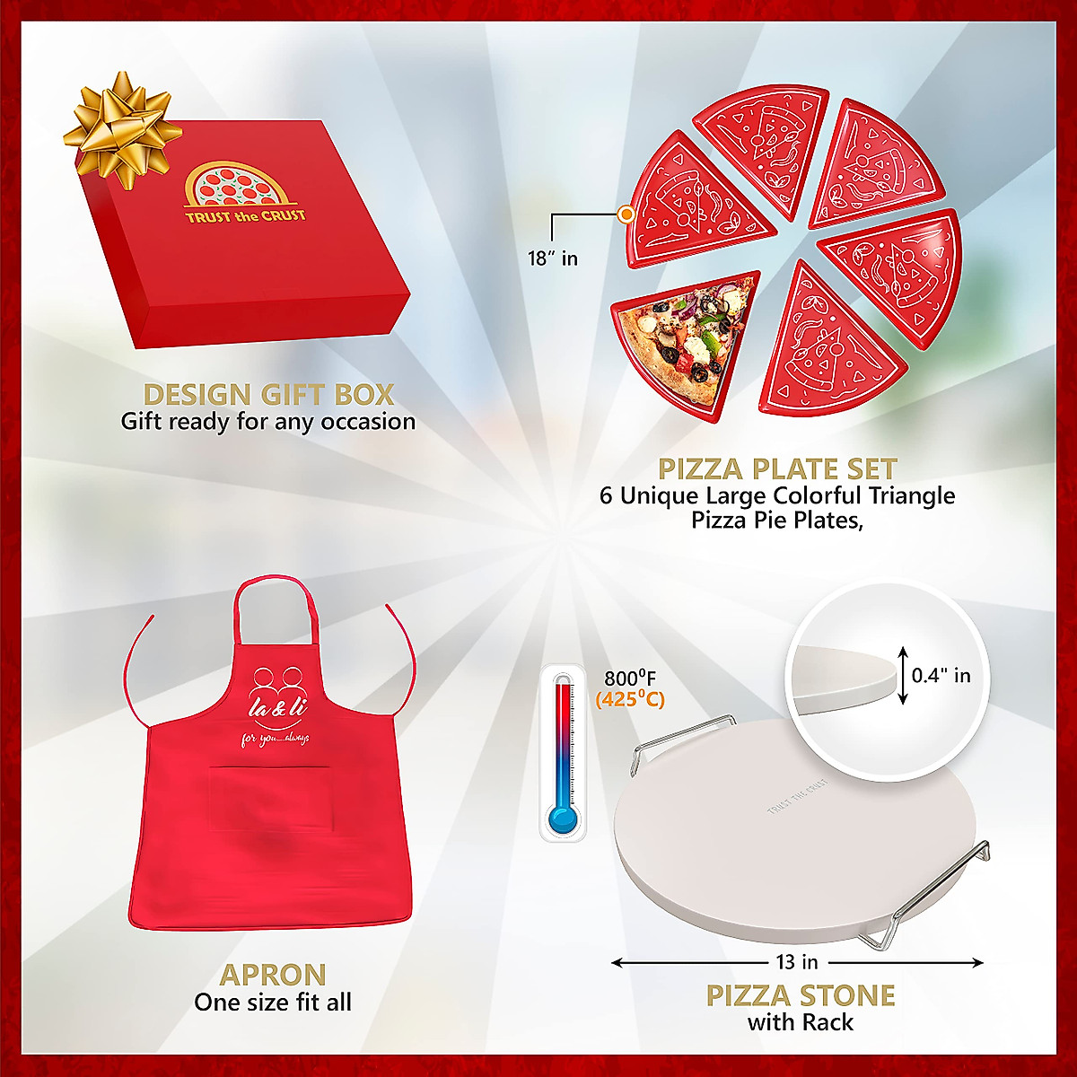 La & Li Pizza Stone for Grill and Oven - 13" Ceramic Round Oven Pizza Stone Set with Multipurpose Rack with Handles, 6 Plates, & Apron - Pizza Stone for Oven for Baking, Pizza, Bread, Cookies, & More