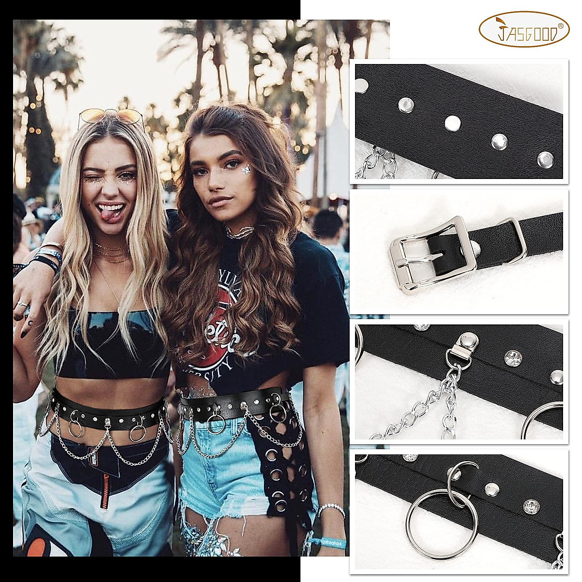 JASGOOD Punk Black Waist Chain Belt Women Leather Rave Body Goth Accessories Jewelry for Girls (Black,Suit for Waist Size 27"-33")