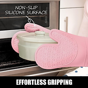 Rorecay Extra Long Oven Mitts and Pot Holders Sets: Heat Resistant Silicone Oven Mittens with Mini Oven Gloves and Hot Pads Potholders for Kitchen Baking Cooking, Quilted Liner, Pack of 6 (Pink)