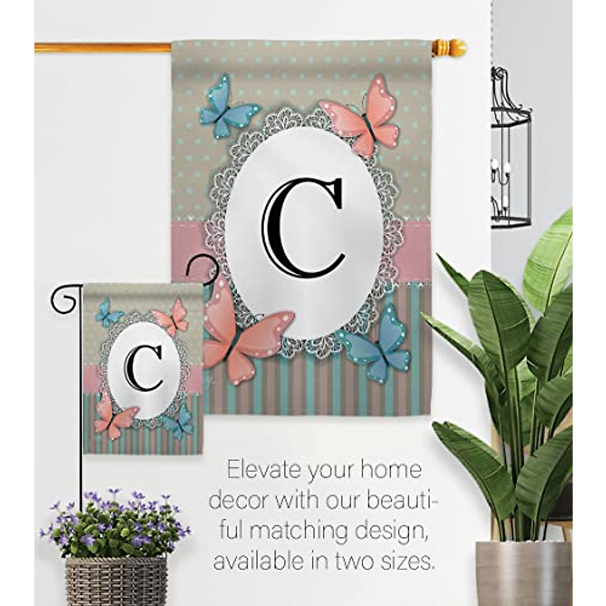 Breeze Decor C Initial Garden Flag Set Wall Hanger Monogram Friends Bugs & Frogs Butterfly Ladybugs Dragonfly Bee Springtime Insect Natural Wildlife House Yard Gift Double-Sided, Made in USA