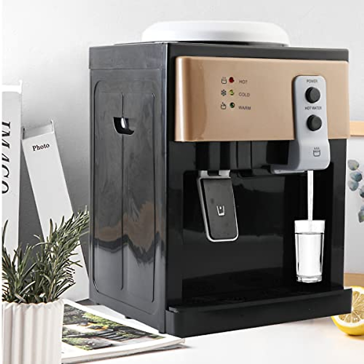 YILIKISS Top Loading Countertop Water Cooler Dispenser, Room Temperature, Hot & Cold Water Dispenser, Holds 3 & 5 Gallon Bottles, Mini Desktop Table Electric Drinking Machine