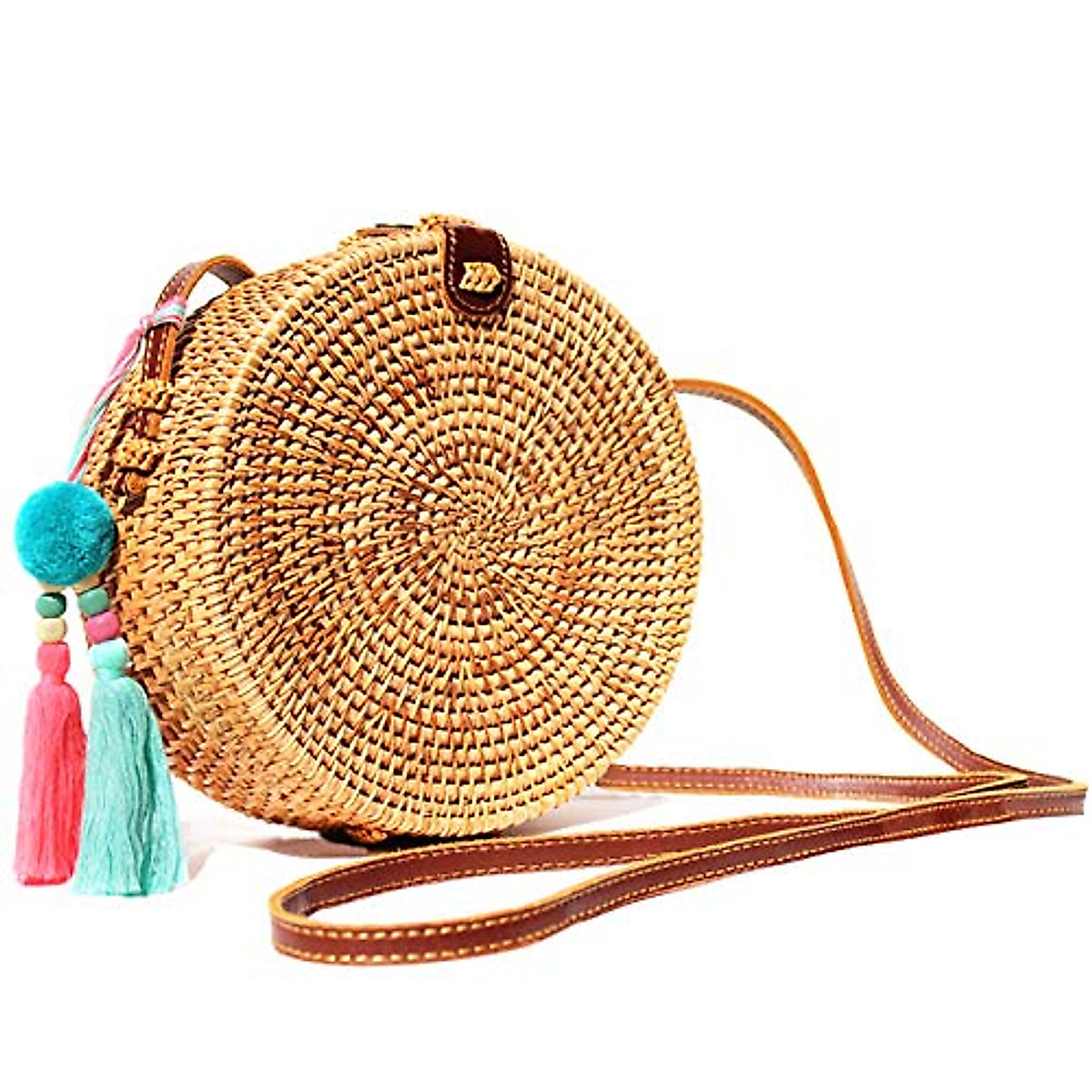 Handwoven Round Rattan Bag, Leather Shoulder Strap, Two Pocket Boho Bali Wicker Crossbody Handbag
