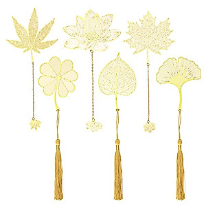 Golden Hollow Bookmark, 6pcs Metal Leaf Bookmarks with Chain or Tassels for Book Lovers, Teachers, Students, Writers, Readers, Children, Adults, Men, Women