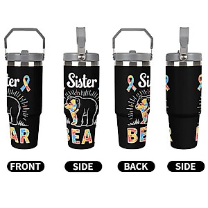 Sister Autism Awareness with Bear (2) 30 OZ Insulated Tumblers with Handle And Straw Leakproof Vacuum Insulated Stainless Steel Water Bottle for Car Fishing Travel