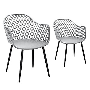 CangLong Modern Metal Legs Easily Assemble Mid Century Molded Plastic Shell Arm Hollow Out Chair for Living, Bedroom, Kitchen, Dining, Waiting Room, Set of 2,Grey