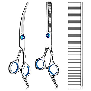 Pets vv 3 Pack Dog Grooming Scissors with Safety Round Tip, Perfect Stainless Steel Up-Curved Grooming Scissors Kit Thinning Cutting Shears Comb Pet Dog Grooming Supplies Trimmer for Dogs and Cats