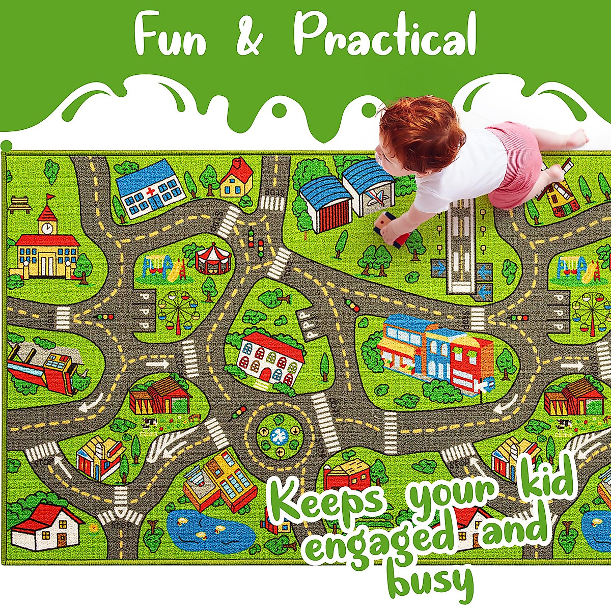 Kids Carpet Playmat City Life 3D Playroom Rug | 30 x 60 Inch Extra Large Toddler Activity Mat for Race Cars & Toys | Playroom Rug Makes a Fun Educational Gift Idea for Boys & Girls (Green)