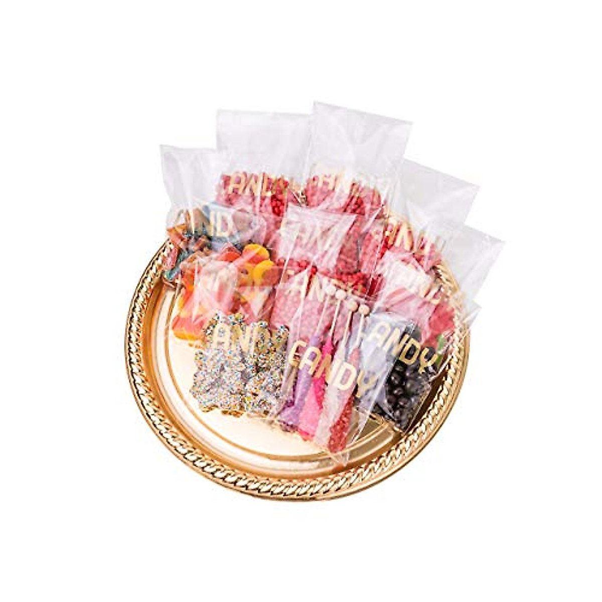 Sweet Details Party Co. Cellophane 'Candy' Bags (100 Pack) Gold & Clear Goodie Bags for Candy Bar & Buffet Gifts- Wedding/Birthday Party Favor Bags- Self-Sealing & Resealable Adhesive - NO Ties!