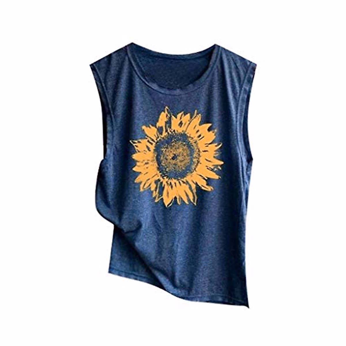 YOMXL Sunflower Printed Tank Tops Womens Crew Neck Sleeveless Vest Boyfriend Style Tee Navy