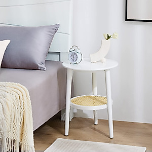 Apicizon 2 Tier Round Side Table, White Rattan Nightstand Bedside Table with Storage, Boho End Table for Living Room, Bedroom, Small Spaces, Easy Assembly, 15 x 19.3 Inches