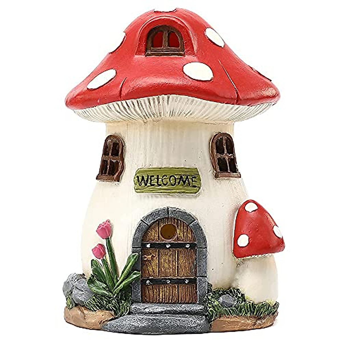 WONDHOME Mushroom Illuminated Miniature Fairy Landscape House with Solar Powered LED Outdoor Garden Statue