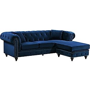 Meridian Furniture Sabrina REVERSIBLE 2 Piece Button Tufted Velvet Sectional with Scroll Arms, Nailhead Trim, and Custom Wood Legs, Navy