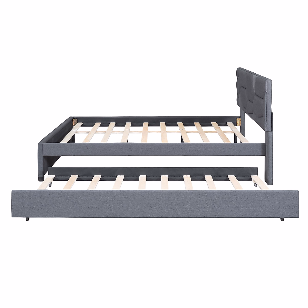 GJHOME Queen Size Upholstered Platform Bed Frame for Boys Girls Kids Adults Toddler with Brick Pattern Headboard and Twin XL Size Trundle, Linen Fabric, Gray