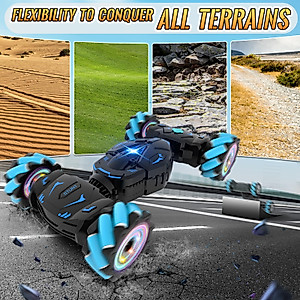 Pristar RC Cars Gesture Sensing Stunt Car, Best Gifts for Boys 6-12, 2.4Ghz Remote Control Car Toys for Boys Age 6 7 8 9 10 11 12, Double Sided Flip 360° Rotate 4WD Off-Road with Spray Lights Music