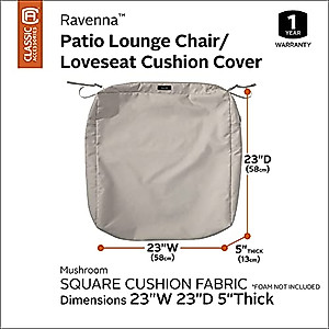 Classic Accessories Ravenna Water-Resistant 23 x 23 x 5 Inch Square Outdoor Seat Cushion Slip Cover, Patio Furniture Chair Cushion Cover, Mushroom, Patio Furniture Cushion Covers