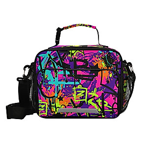 xigua Student Lunch Bag, Graffiti Patterns And Spray Paint Ink Elements Detachable Shoulder Strap Insulated Lunch Box Men Women Cooler Bag Tote Bag for School Office Picnic Trip