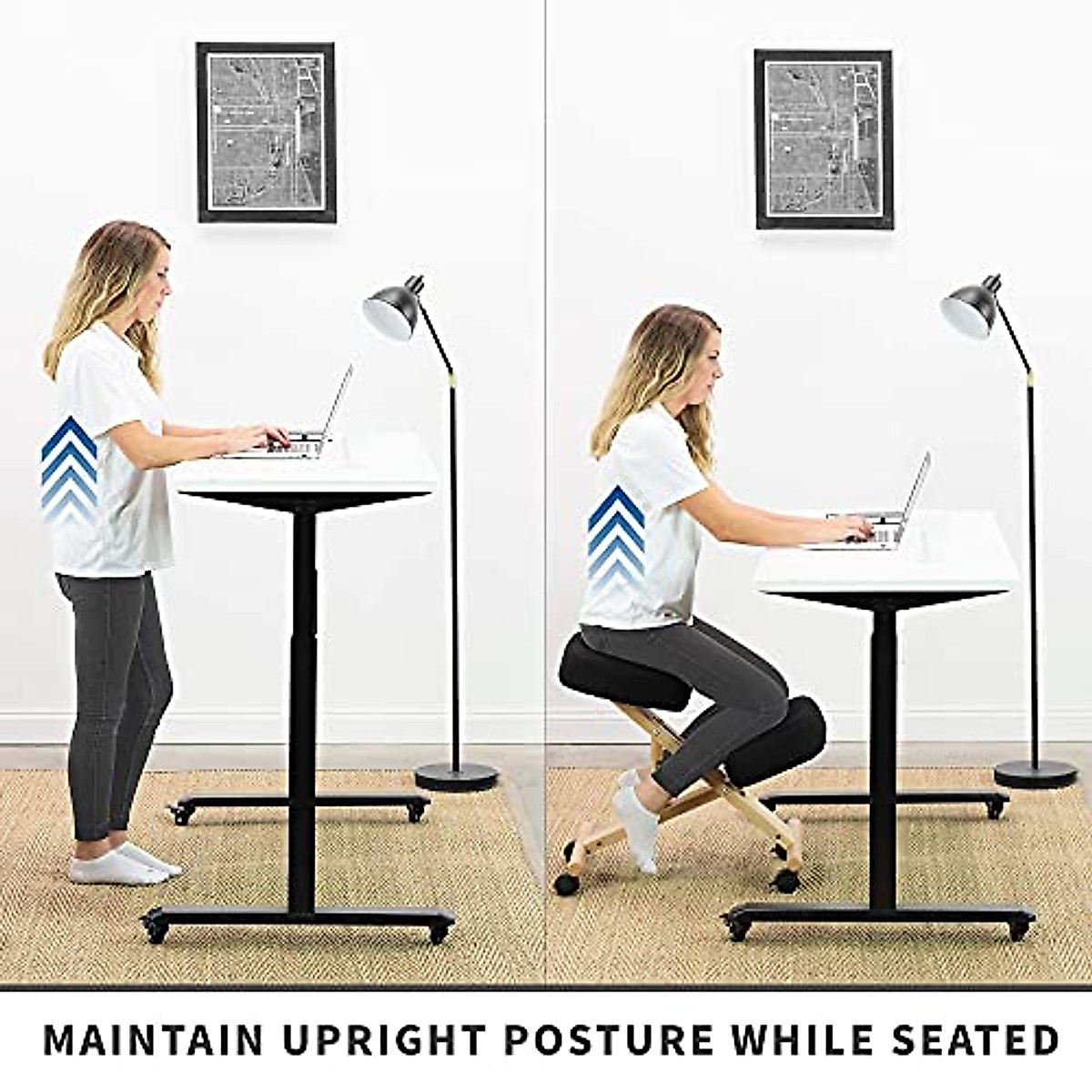 VIVO Wooden Kneeling Chair with Wheels, Adjustable Ergonomic Stool for Home and Office, Mobile Angled Posture Seat, Light Wood Frame & Black Cushions, CHAIR-K03D